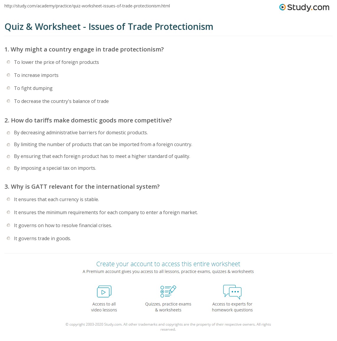 Quiz & Worksheet - Issues of Trade Protectionism | Study.com