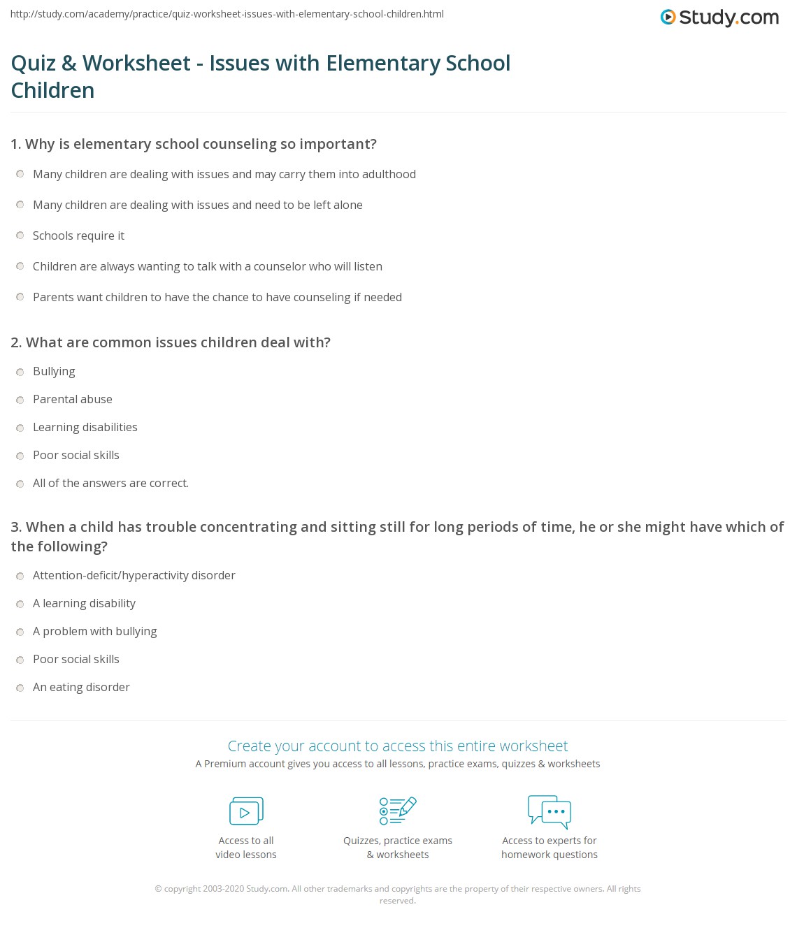 Quiz & Worksheet - Issues with Elementary School Children | Study.com
