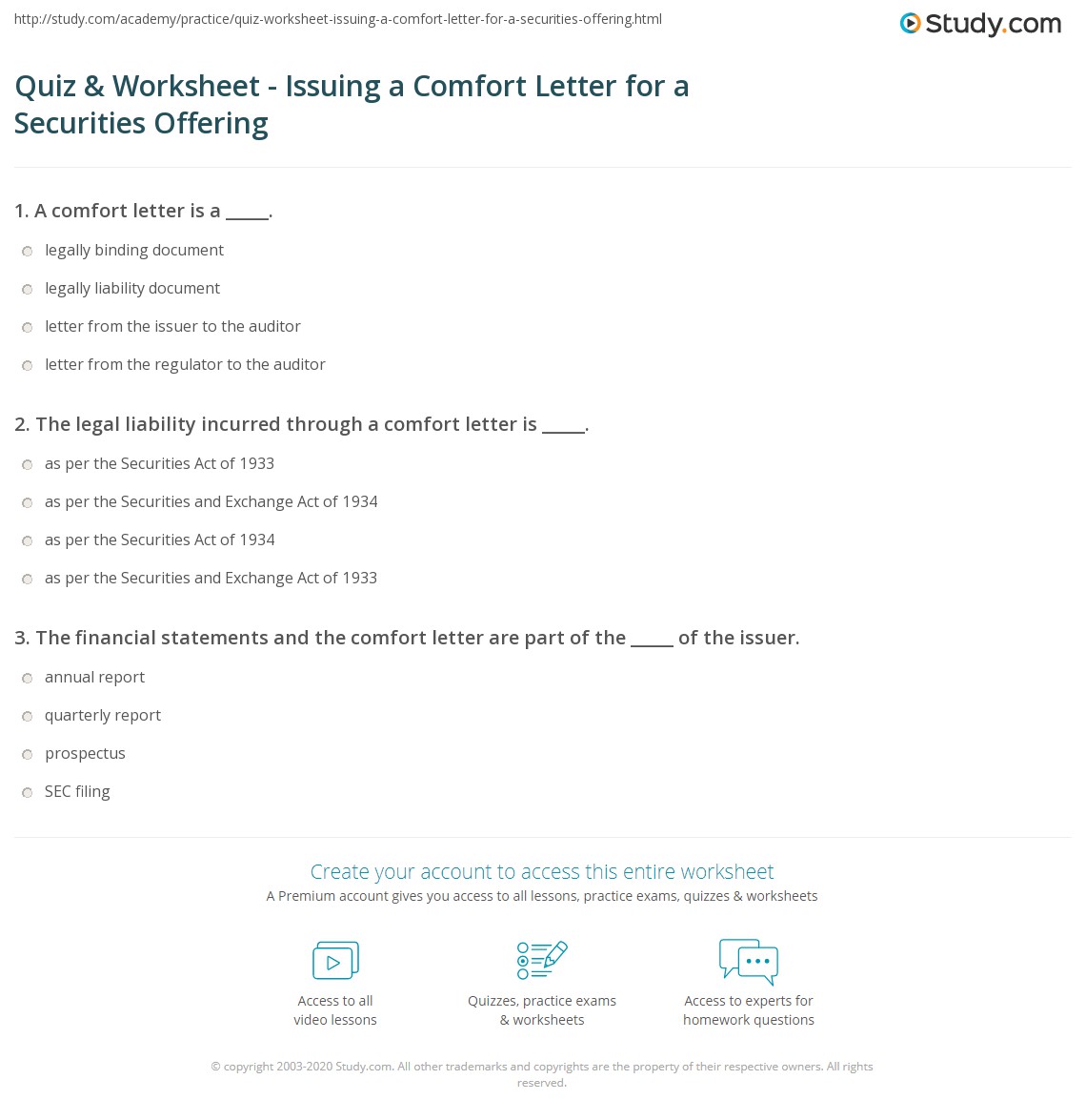 Quiz & Worksheet - Issuing a Comfort Letter for a Securities Offering ...