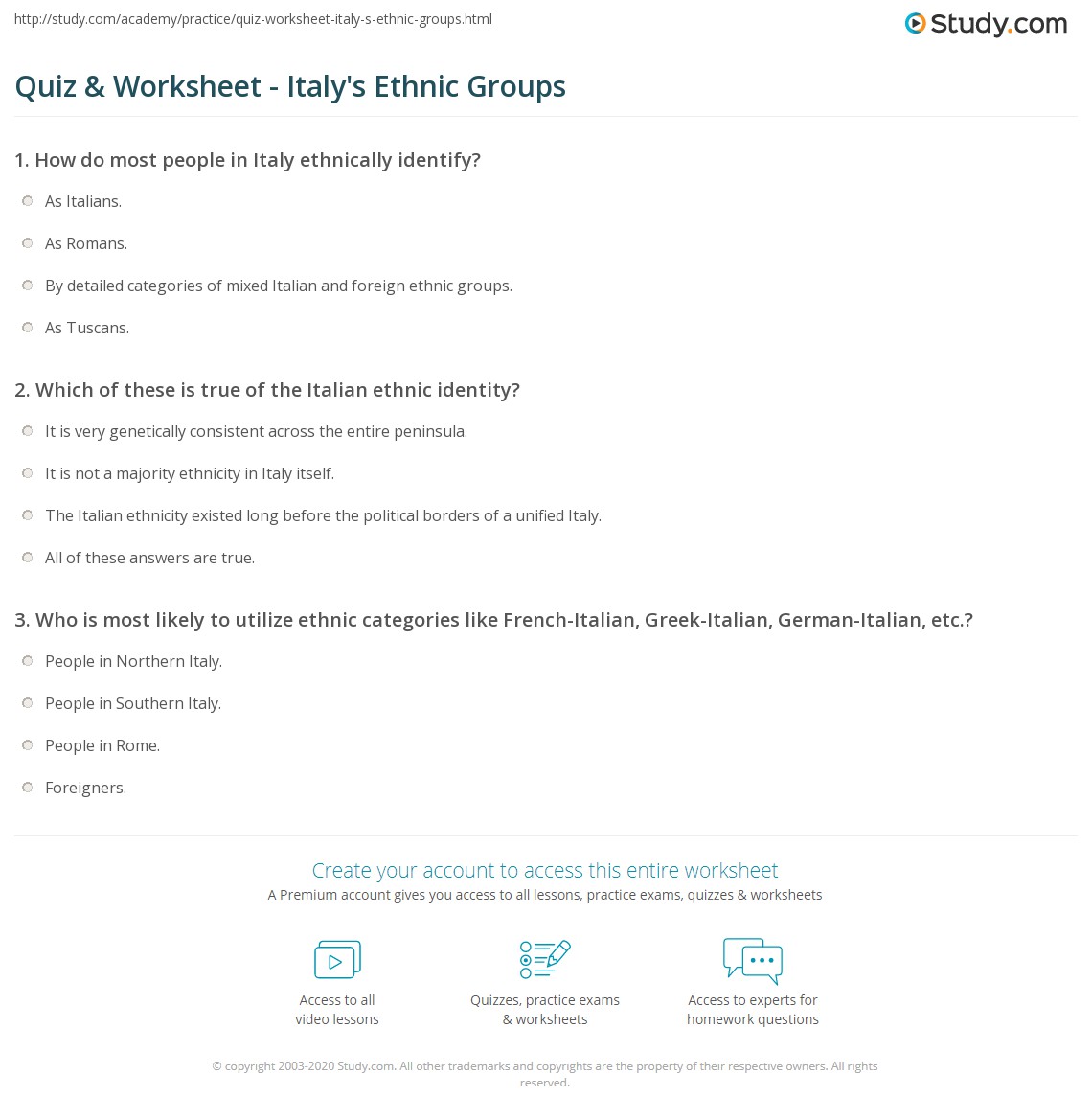 Quiz & Worksheet - Italy's Ethnic Groups | Study.com