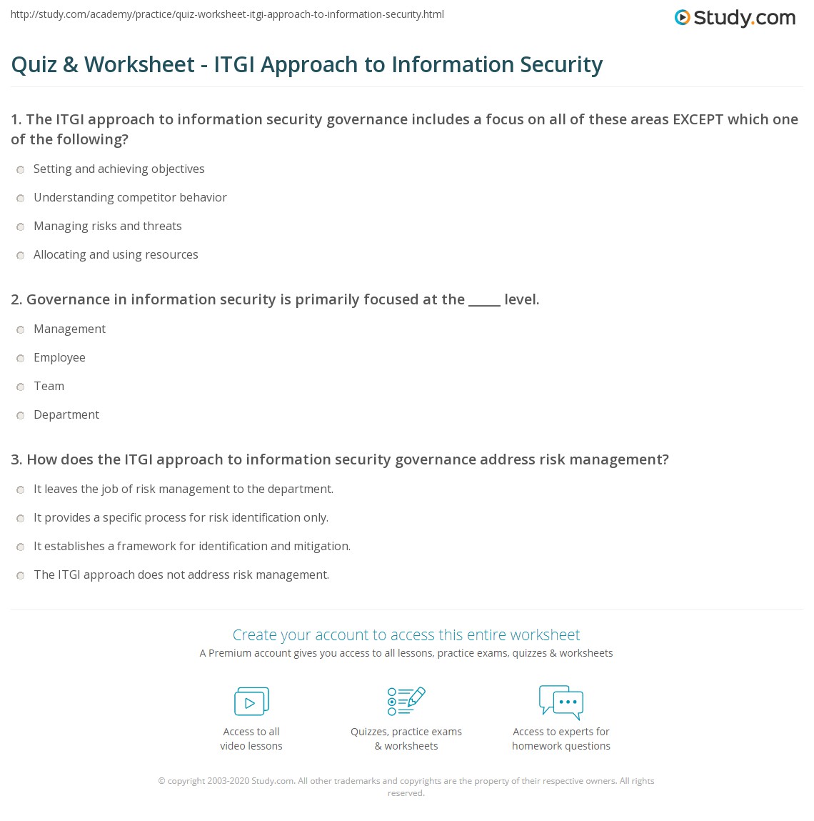 Quiz & Worksheet - ITGI Approach to Information Security | Study.com