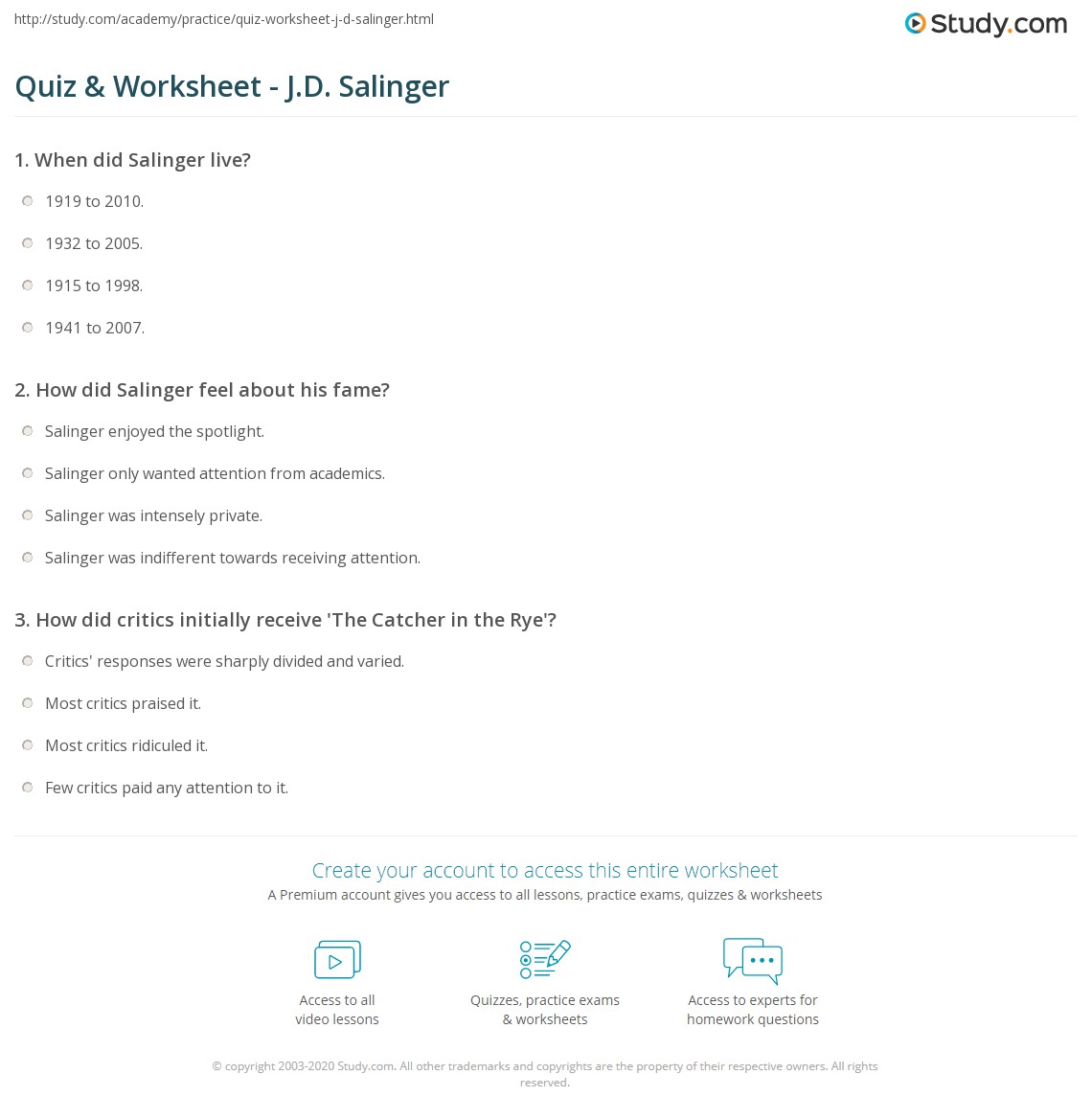 Quiz & Worksheet - J.D. Salinger | Study.com