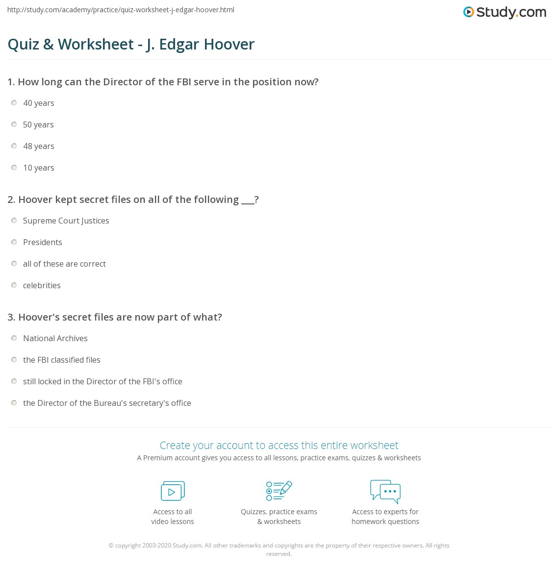 Quiz & Worksheet - J. Edgar Hoover | Study.com