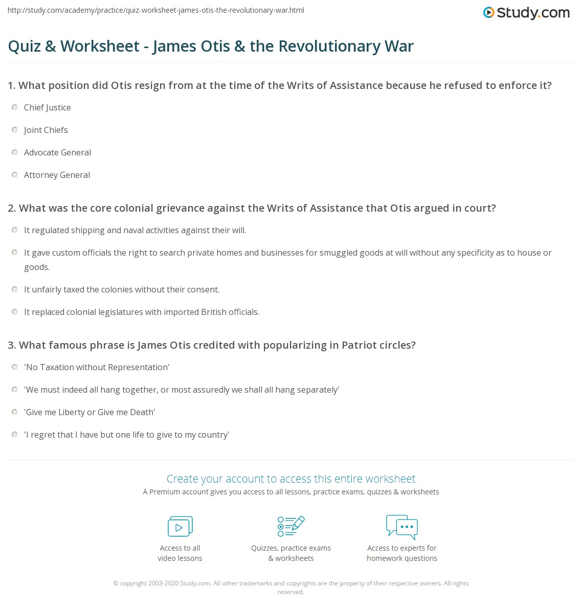 Quiz & Worksheet - James Otis & the Revolutionary War | Study.com