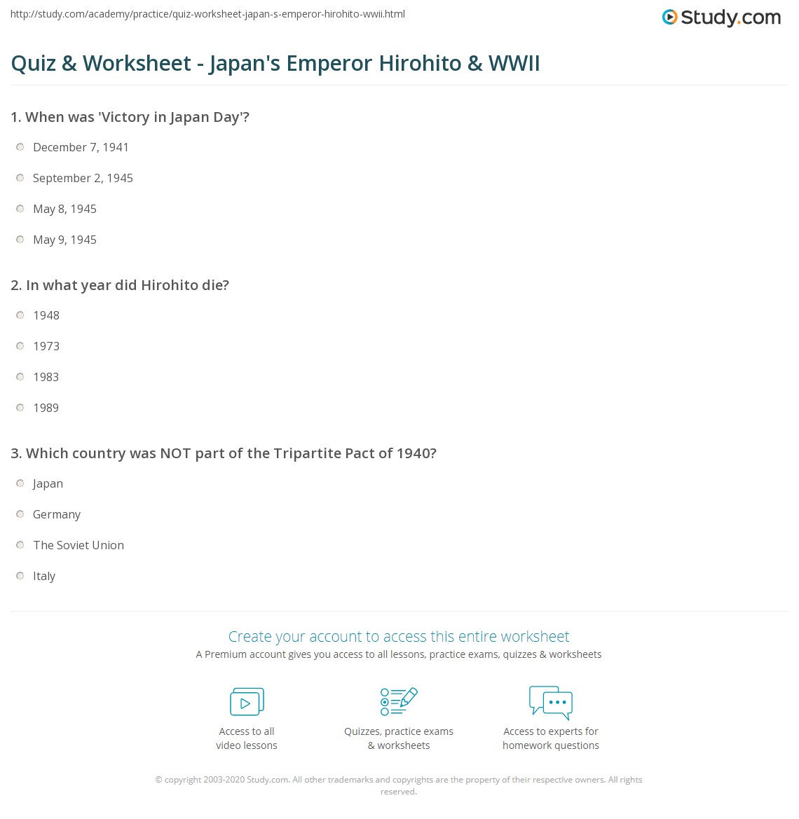 Quiz & Worksheet - Japan's Emperor Hirohito & WWII | Study.com