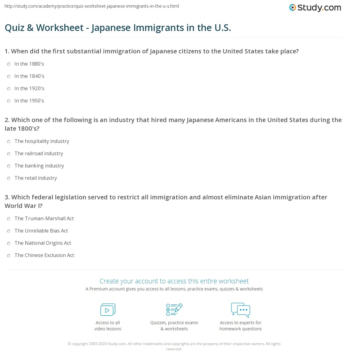 Quiz & Worksheet - Japanese Immigrants in the U.S. | Study.com