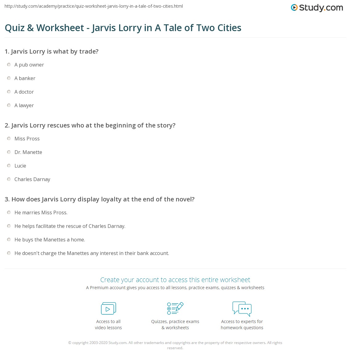 Quiz & Worksheet - Jarvis Lorry in A Tale of Two Cities | Study.com