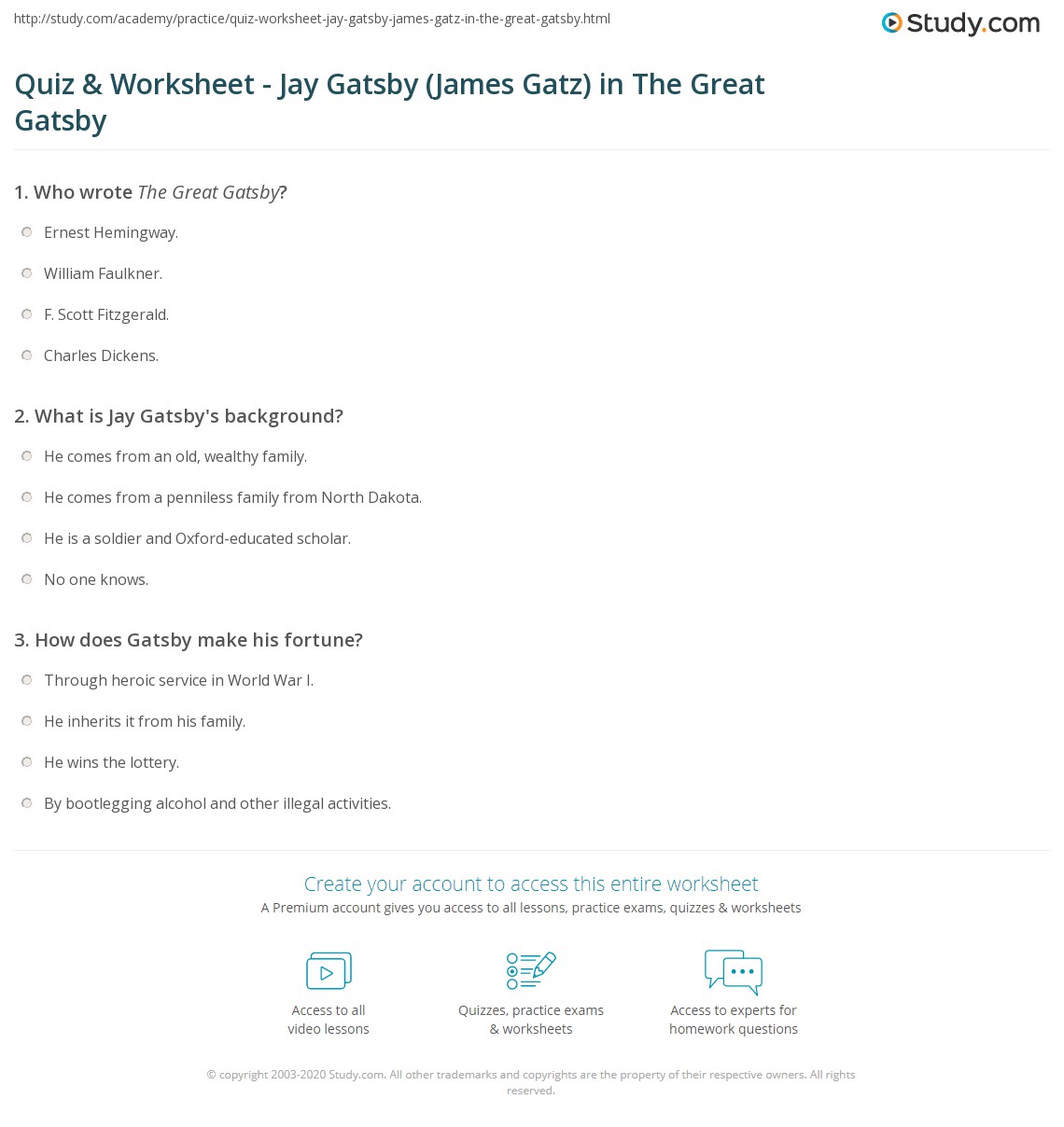 Quiz & Worksheet - Jay Gatsby (James Gatz) in The Great Gatsby | Study.com