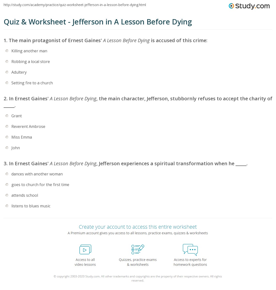 Quiz & Worksheet - Jefferson in A Lesson Before Dying | Study.com