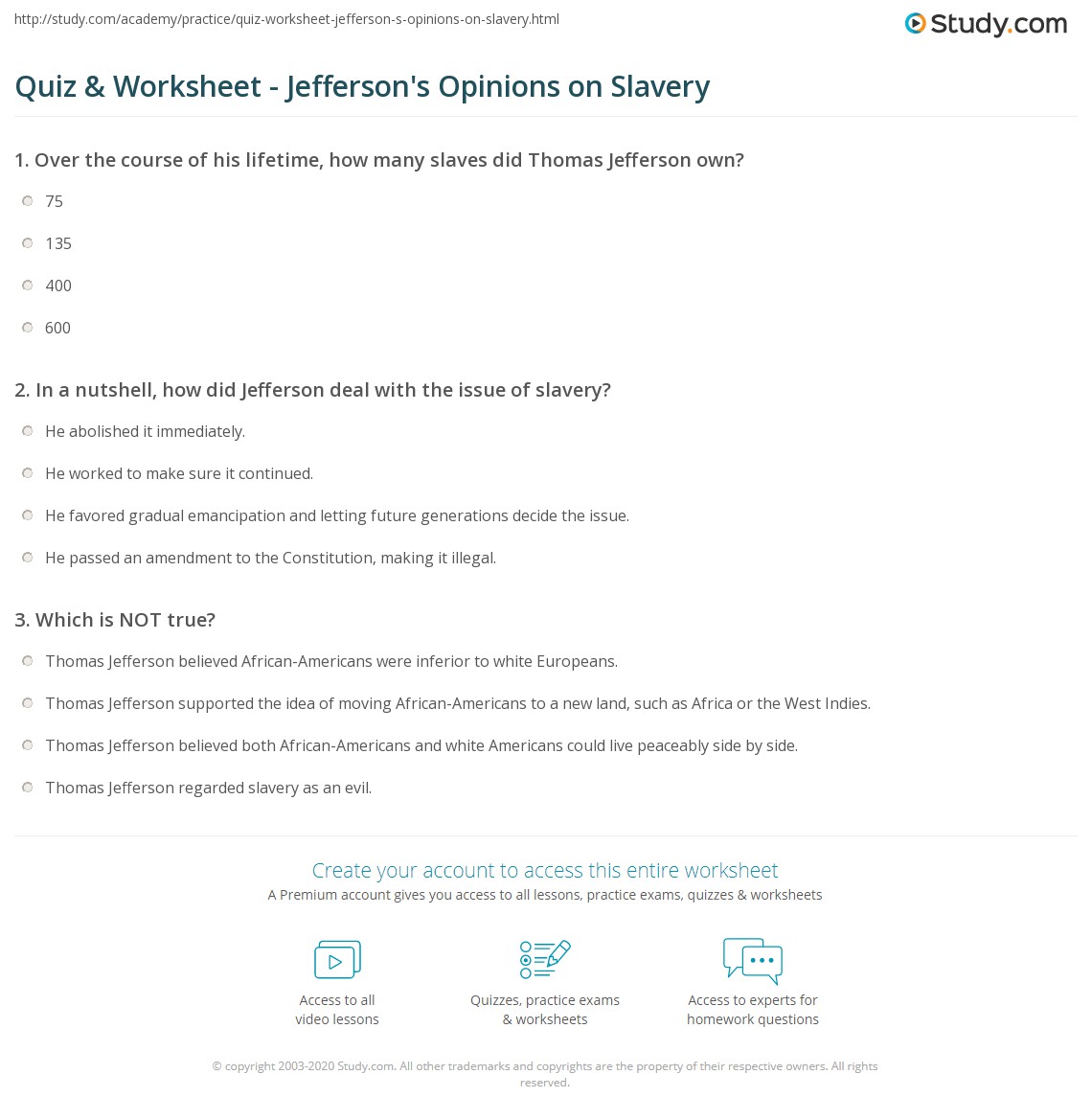 Quiz & Worksheet - Jefferson's Opinions on Slavery | Study.com