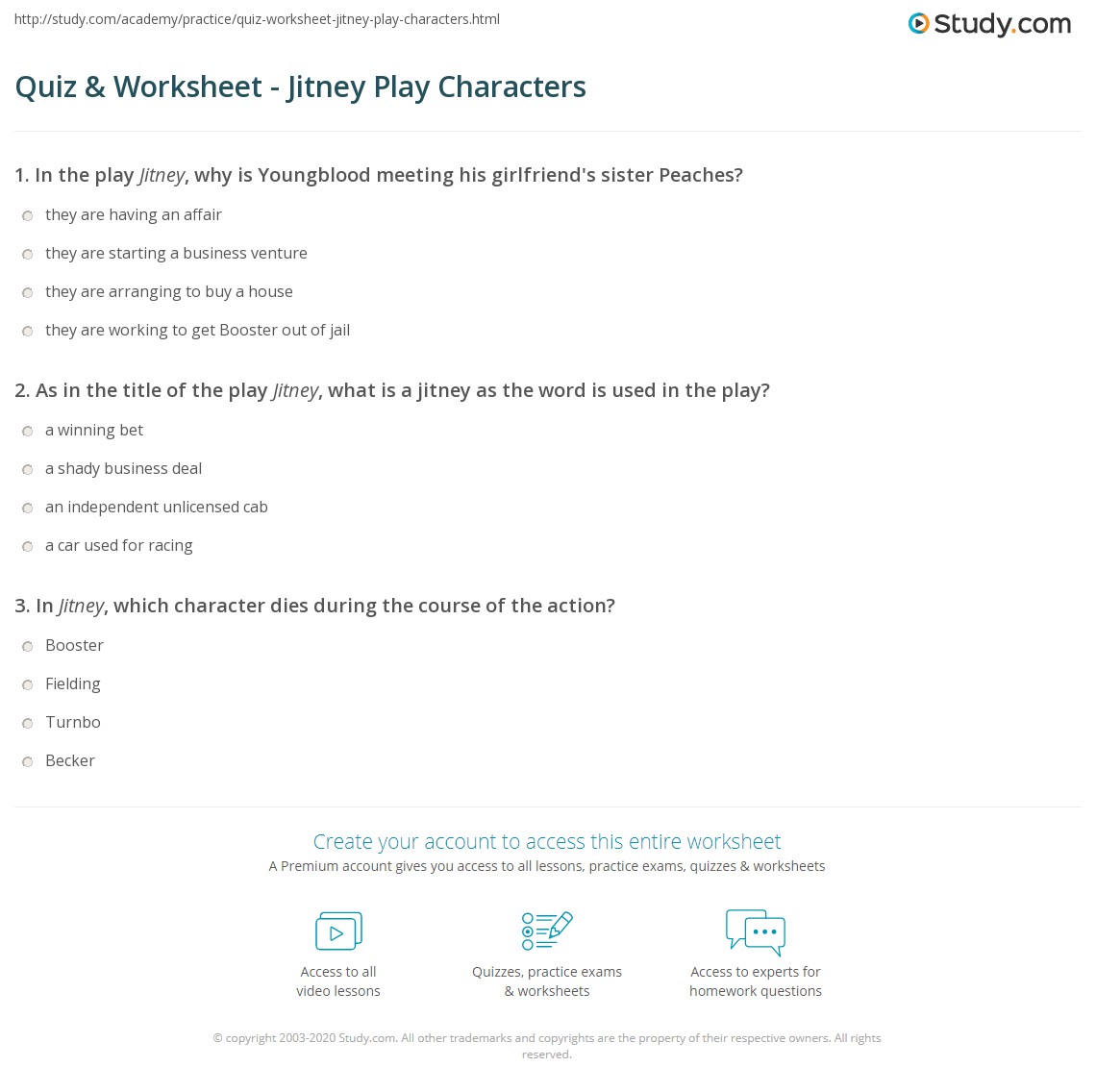 Quiz & Worksheet - Jitney Play Characters | Study.com