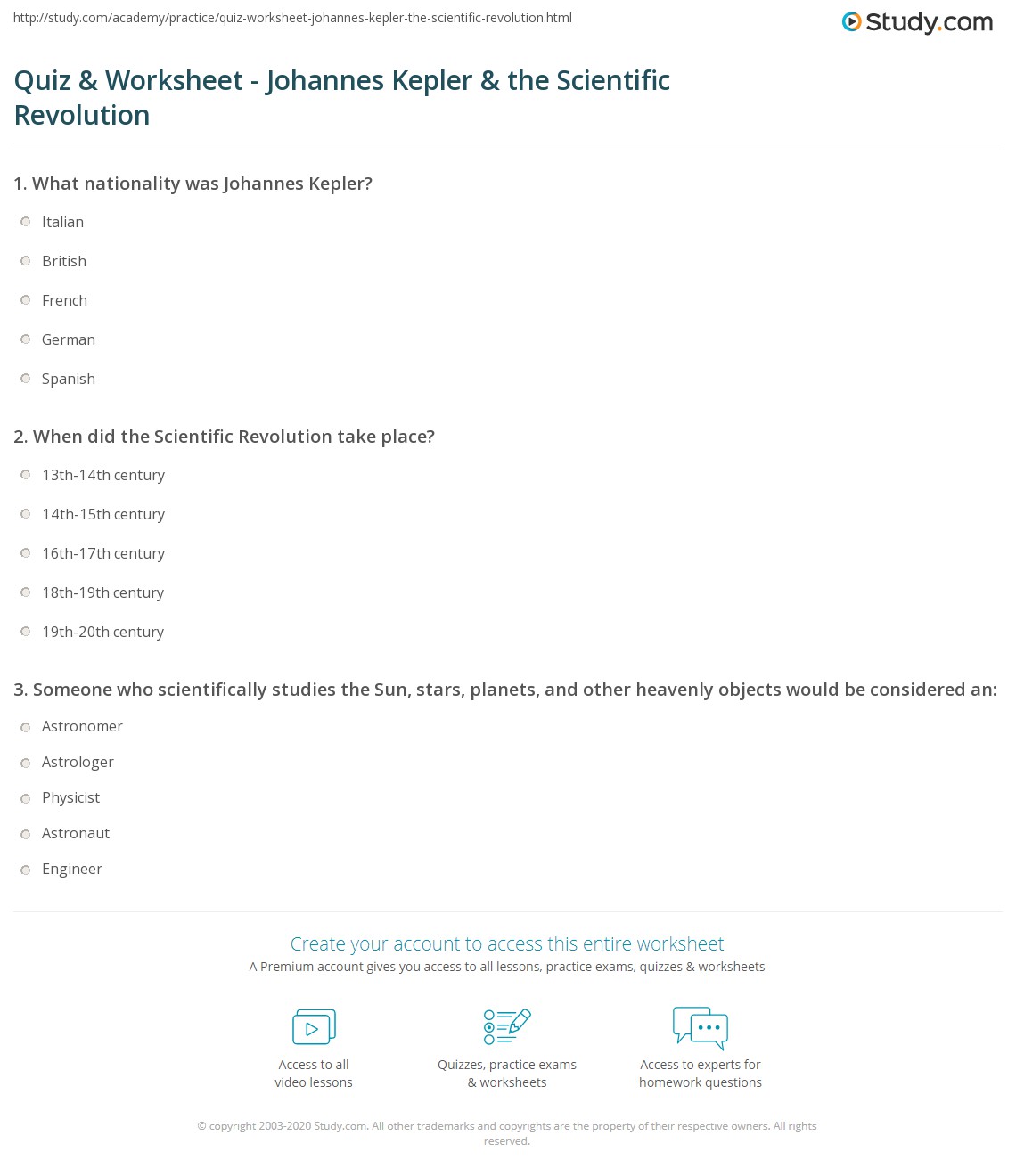 Quiz & Worksheet - Johannes Kepler & the Scientific Revolution | Study.com