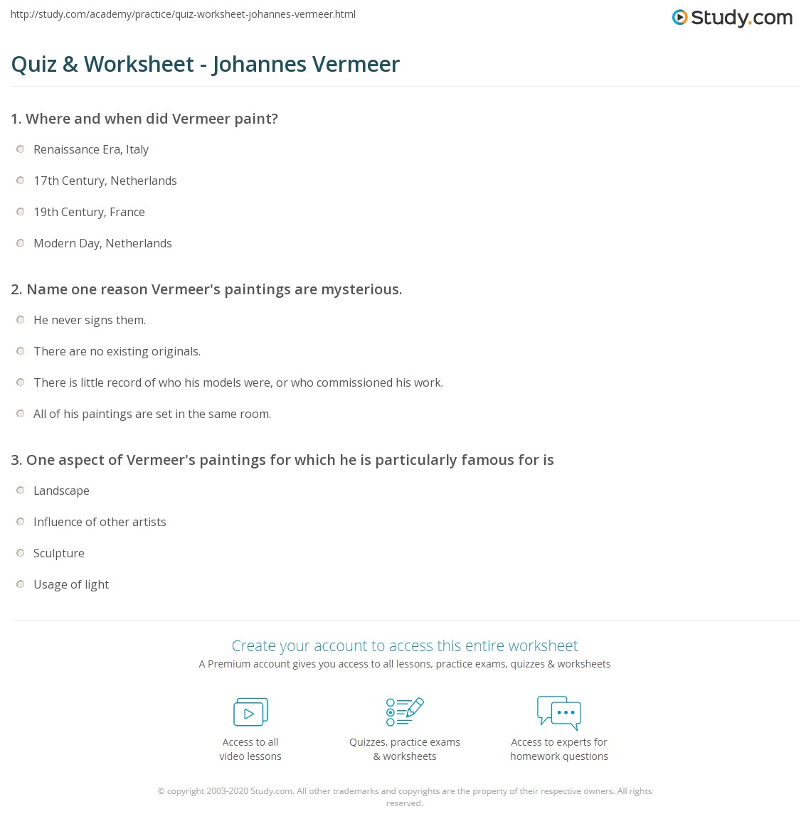 Quiz & Worksheet - Johannes Vermeer | Study.com