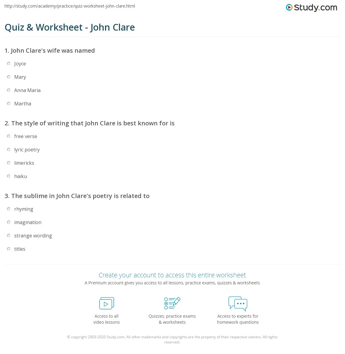 Quiz & Worksheet - John Clare | Study.com