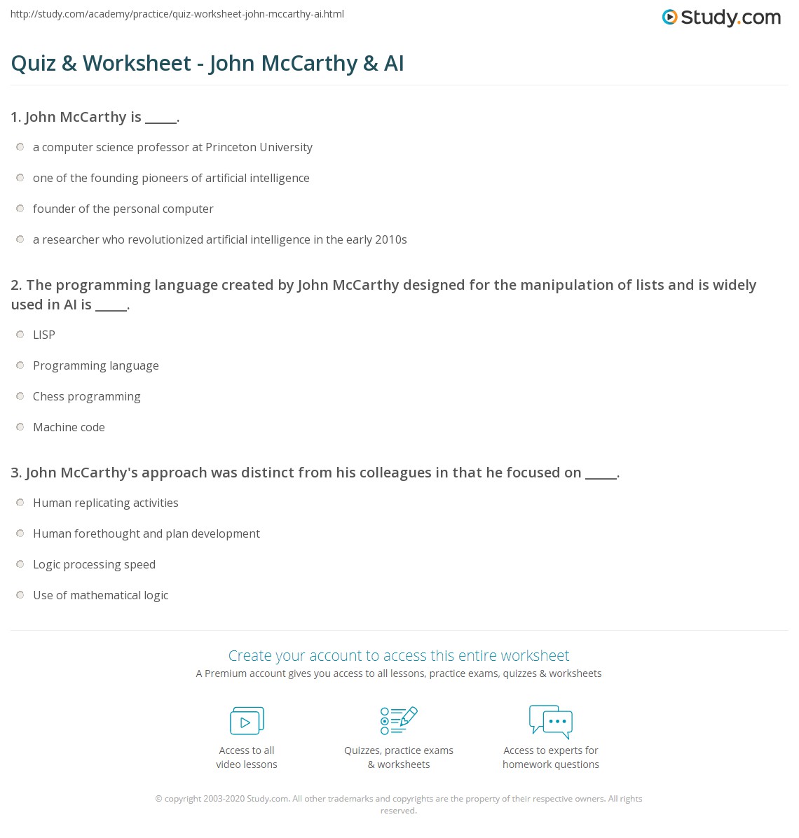 Quiz & Worksheet - John McCarthy & AI | Study.com