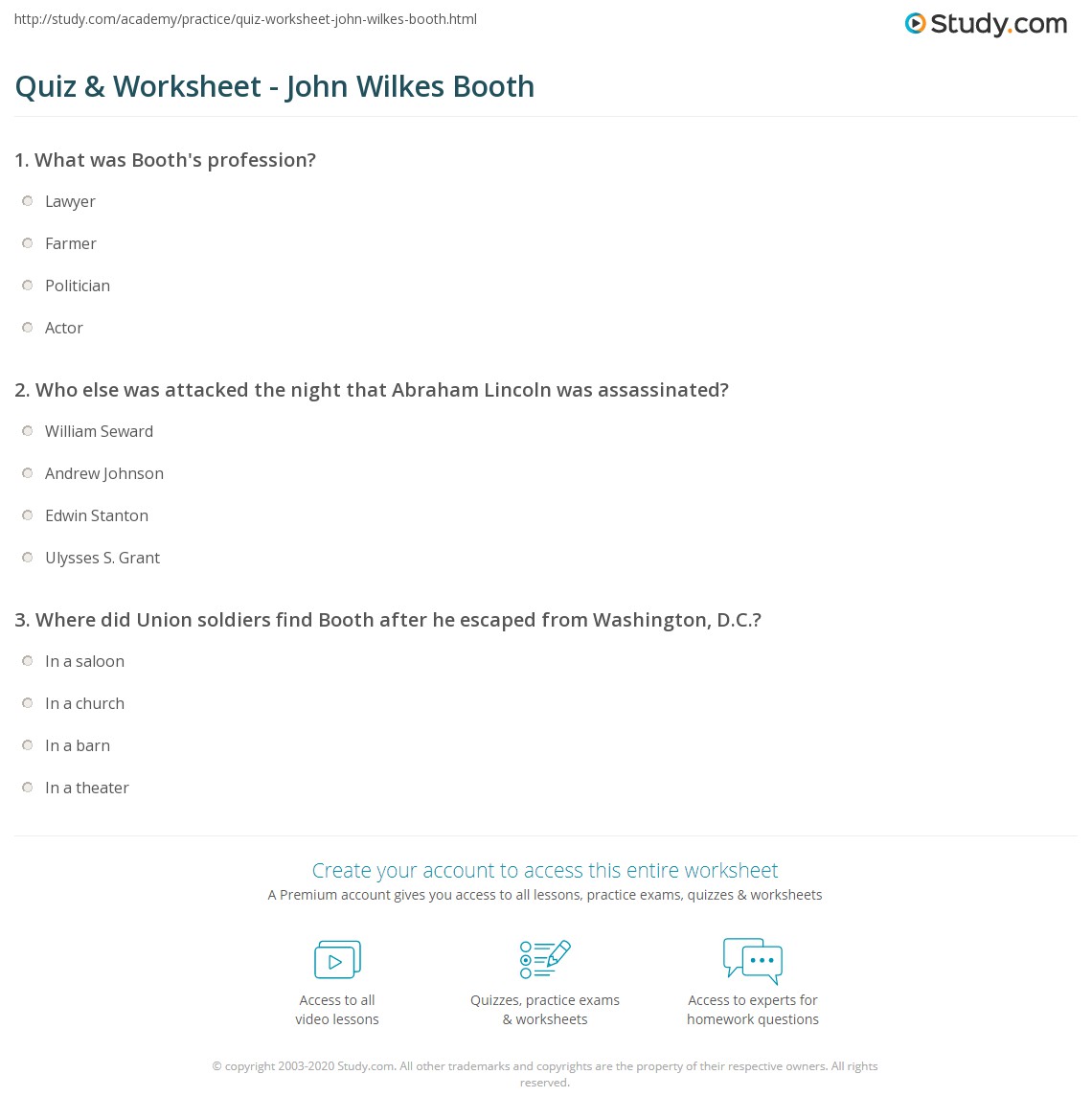 Quiz & Worksheet - John Wilkes Booth | Study.com