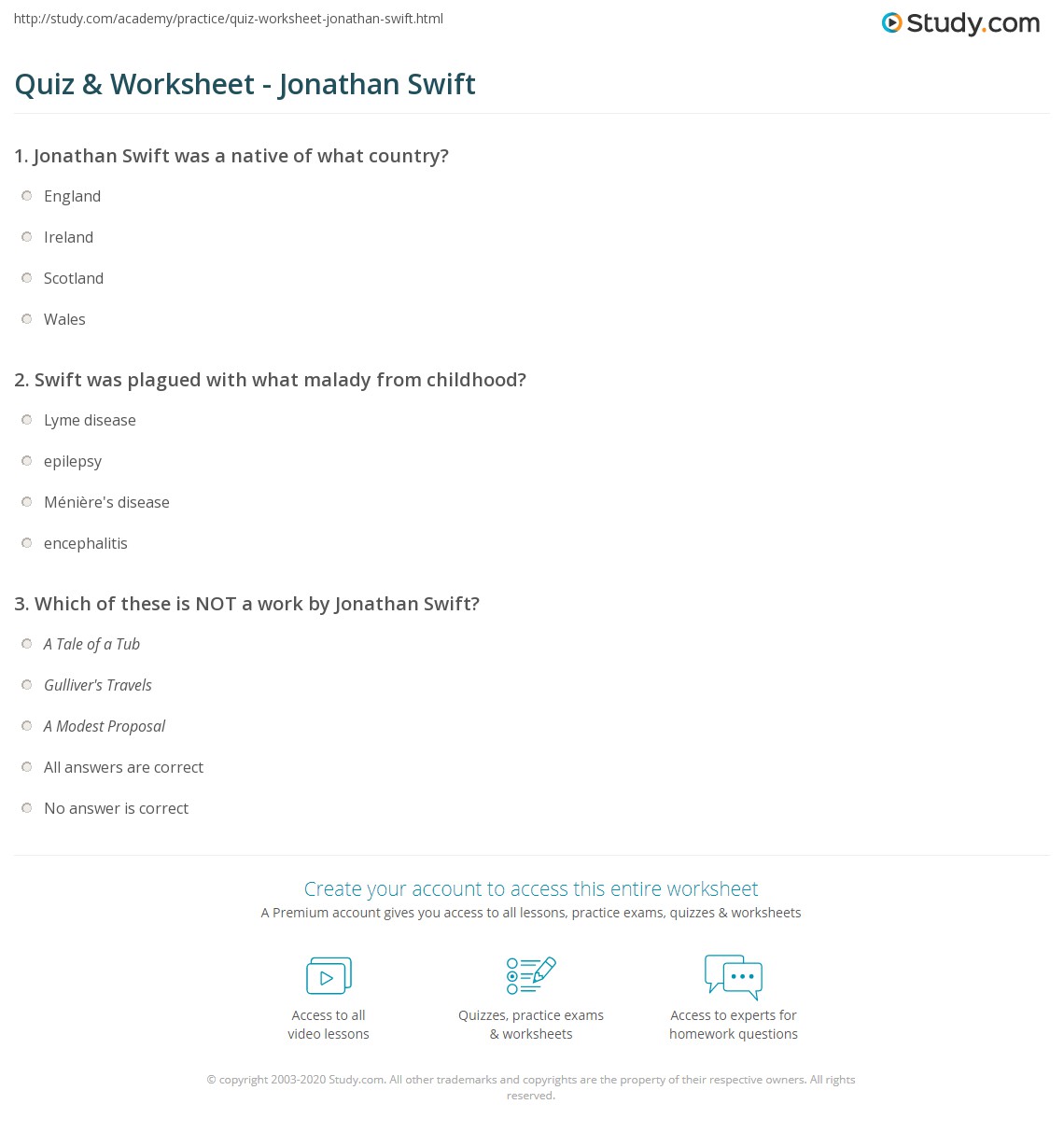 Quiz & Worksheet - Jonathan Swift | Study.com