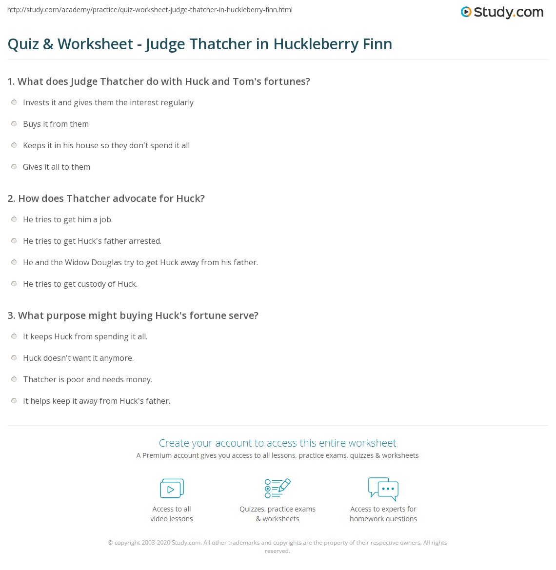 Quiz & Worksheet - Judge Thatcher in Huckleberry Finn | Study.com