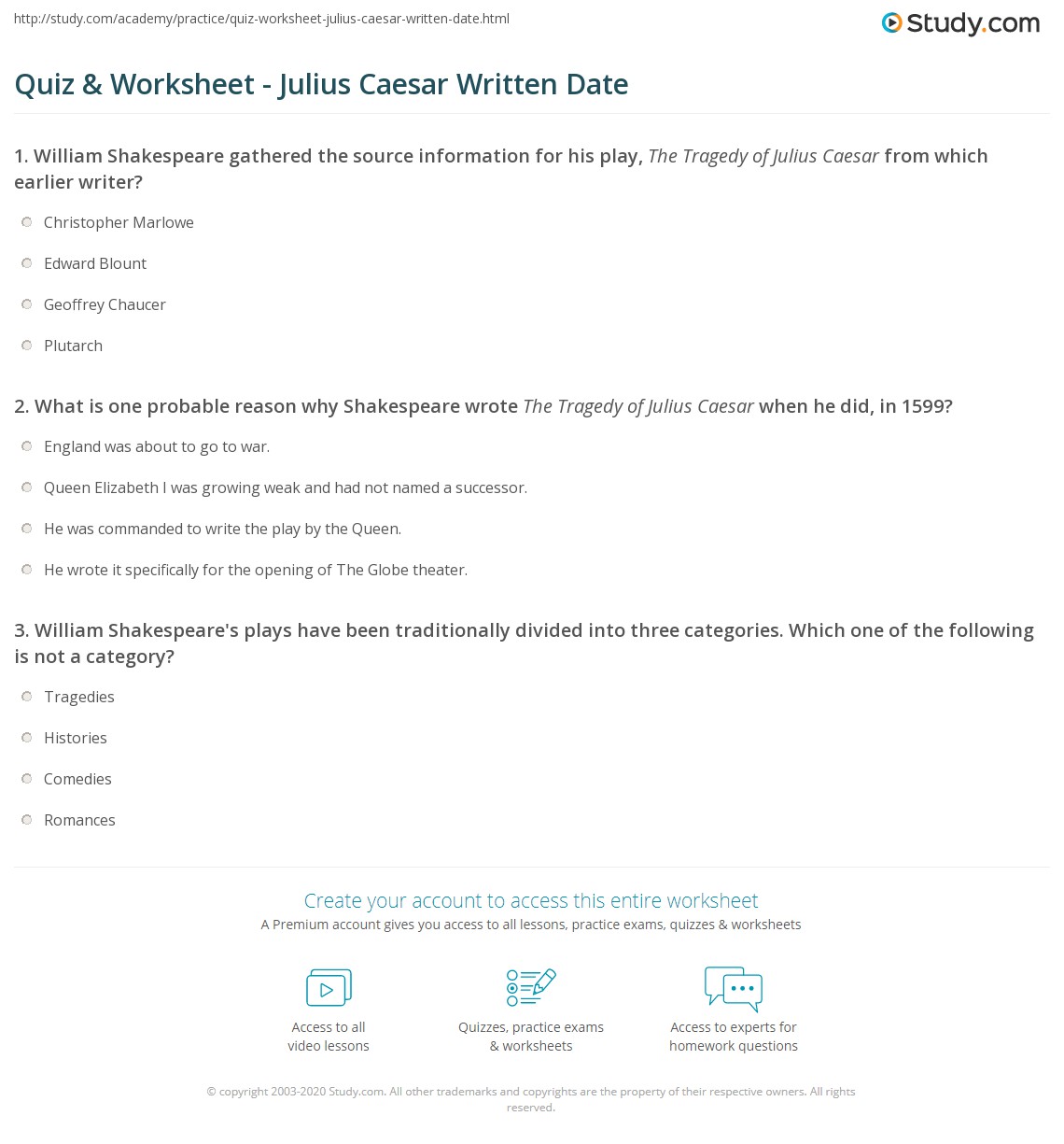 Quiz & Worksheet - Julius Caesar Written Date | Study.com
