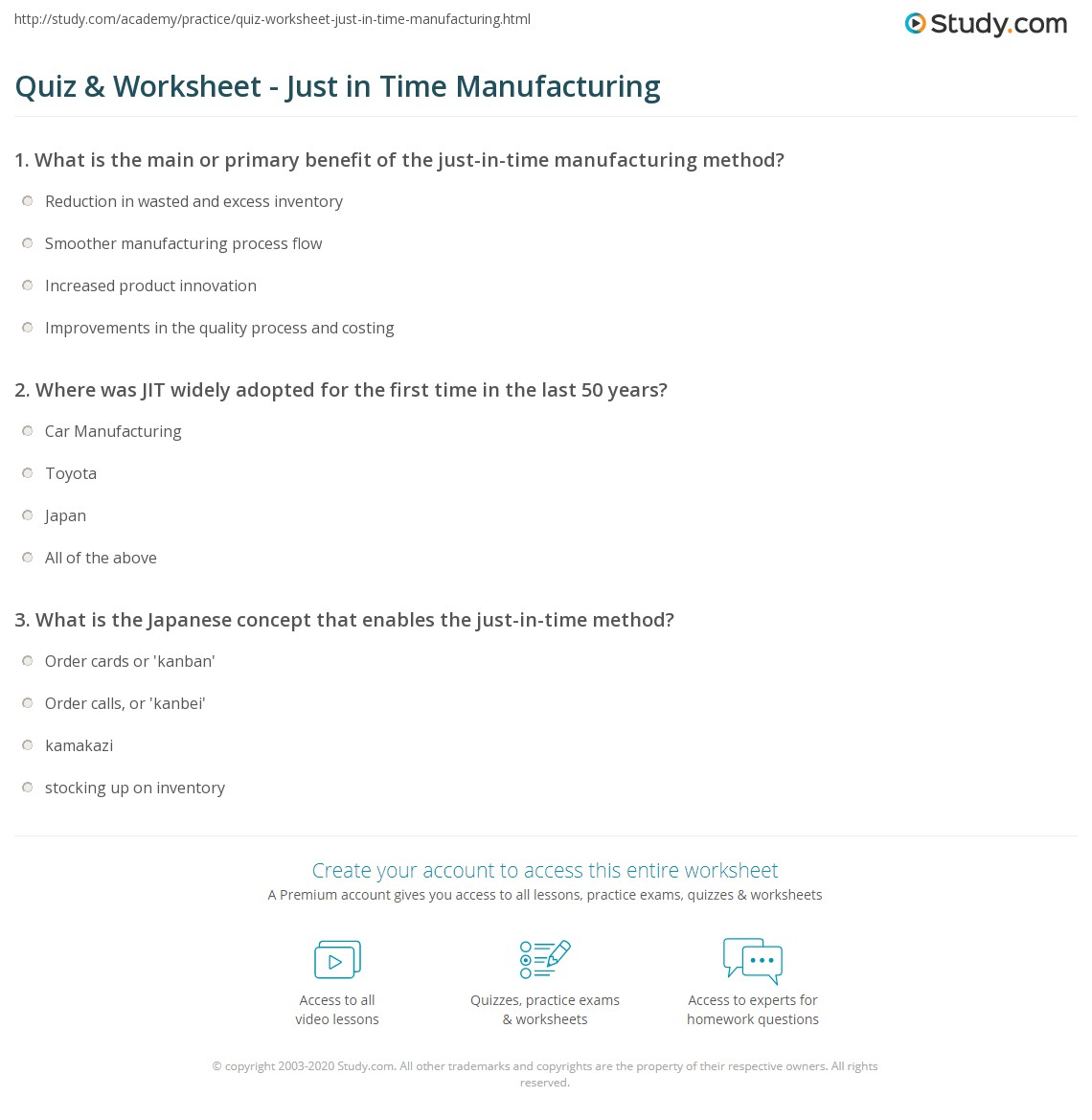 Quiz & Worksheet - Just in Time Manufacturing | Study.com