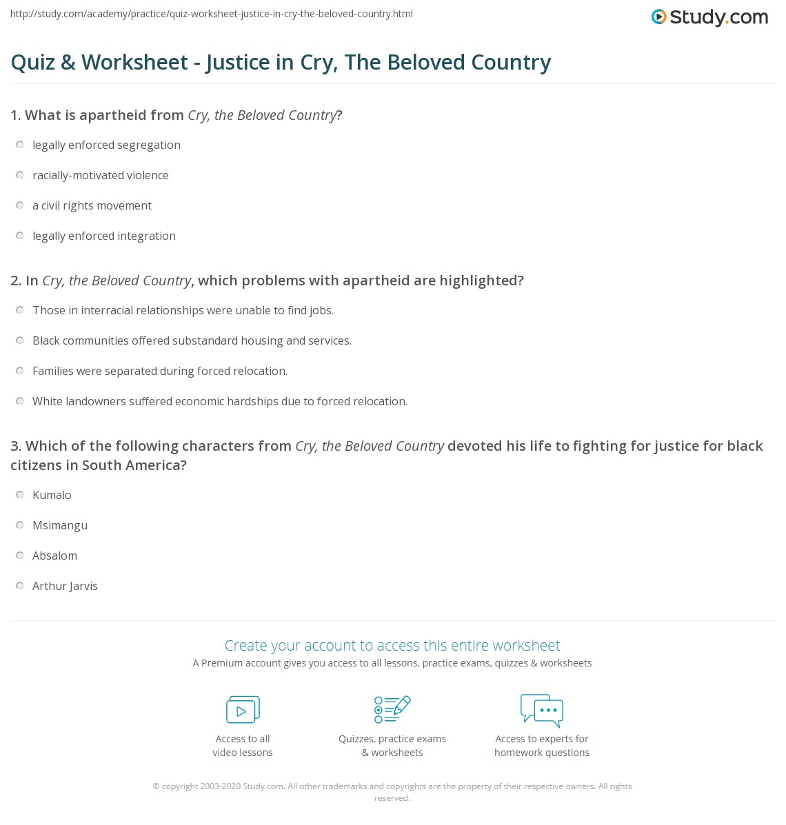 Quiz & Worksheet - Justice in Cry, The Beloved Country | Study.com