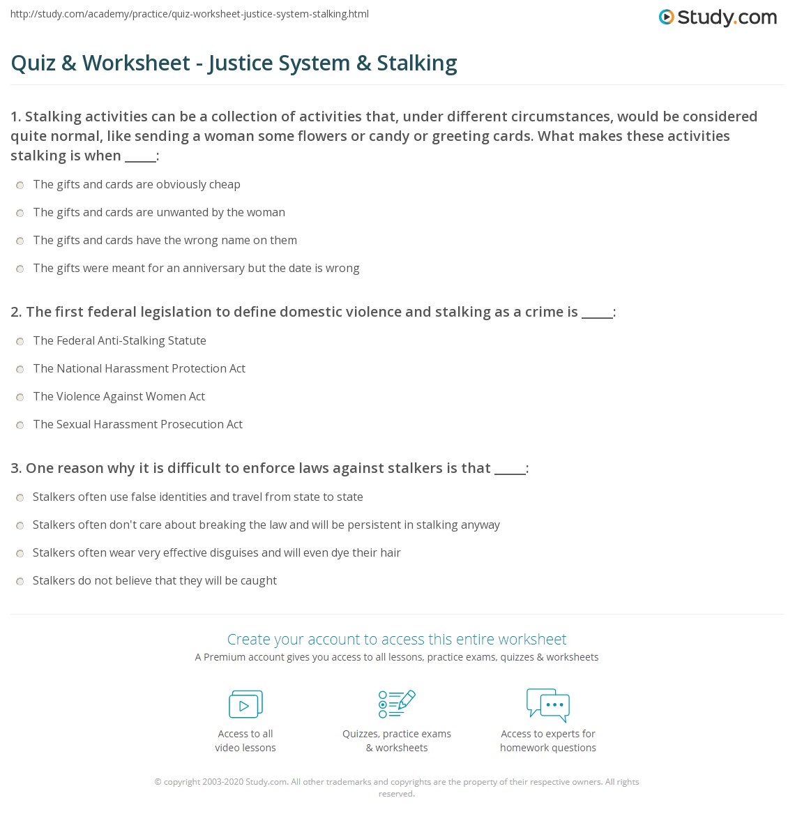 Quiz & Worksheet - Justice System & Stalking | Study.com