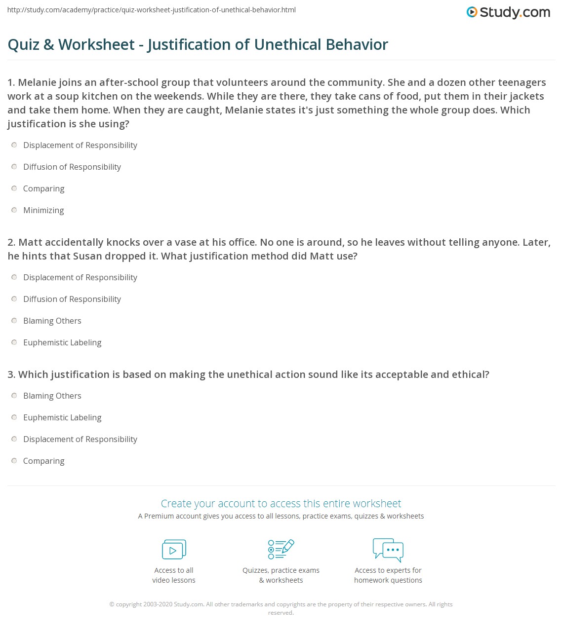 Quiz & Worksheet - Justification of Unethical Behavior | Study.com
