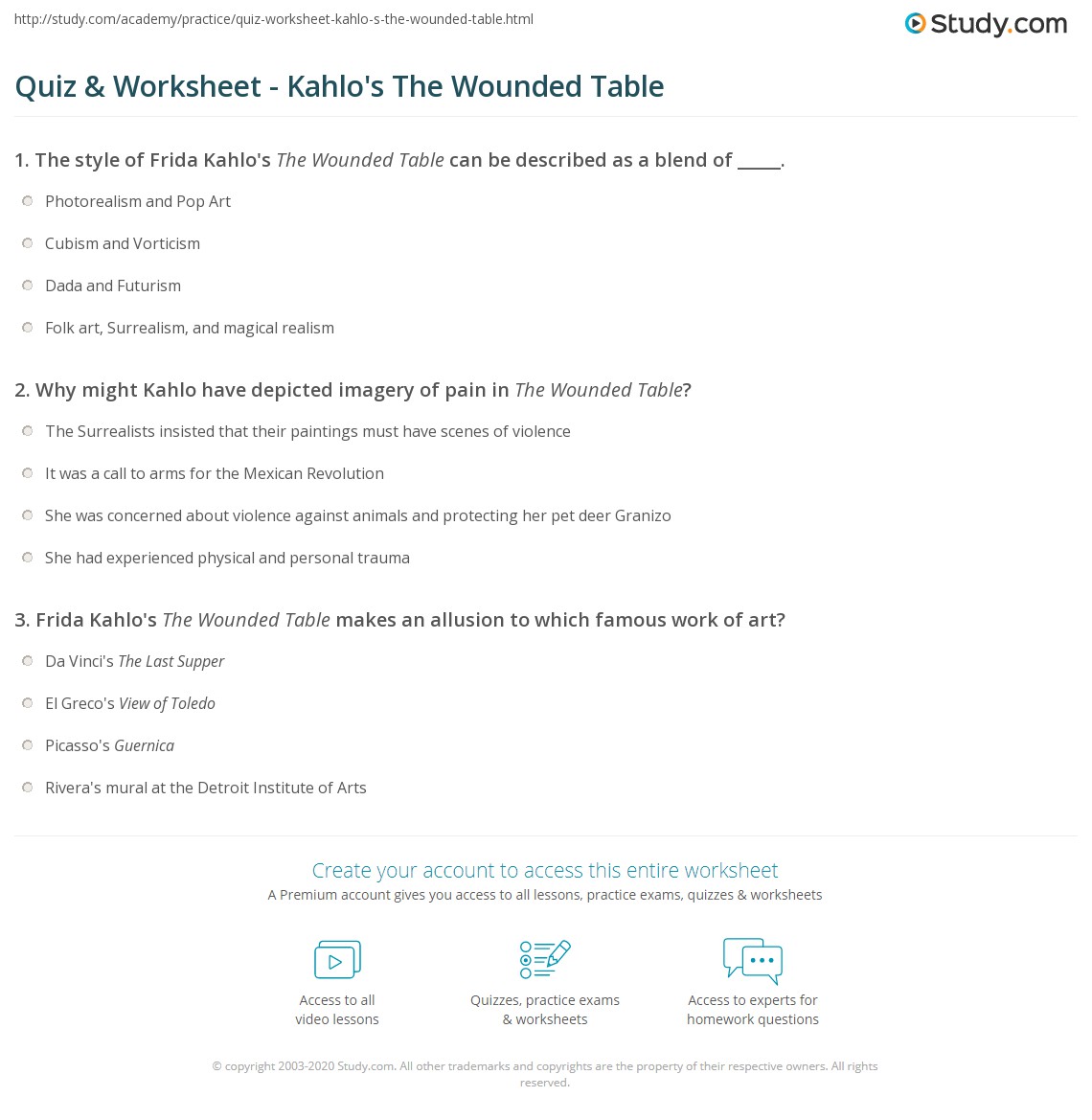 Quiz & Worksheet - Kahlo's The Wounded Table | Study.com