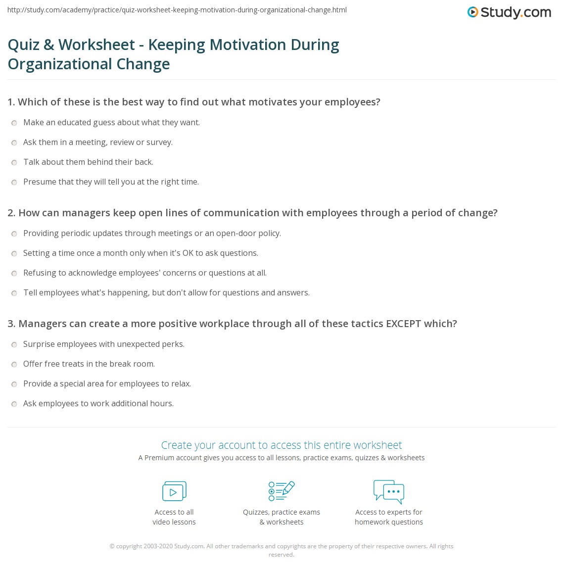 Quiz & Worksheet - Keeping Motivation During Organizational Change ...