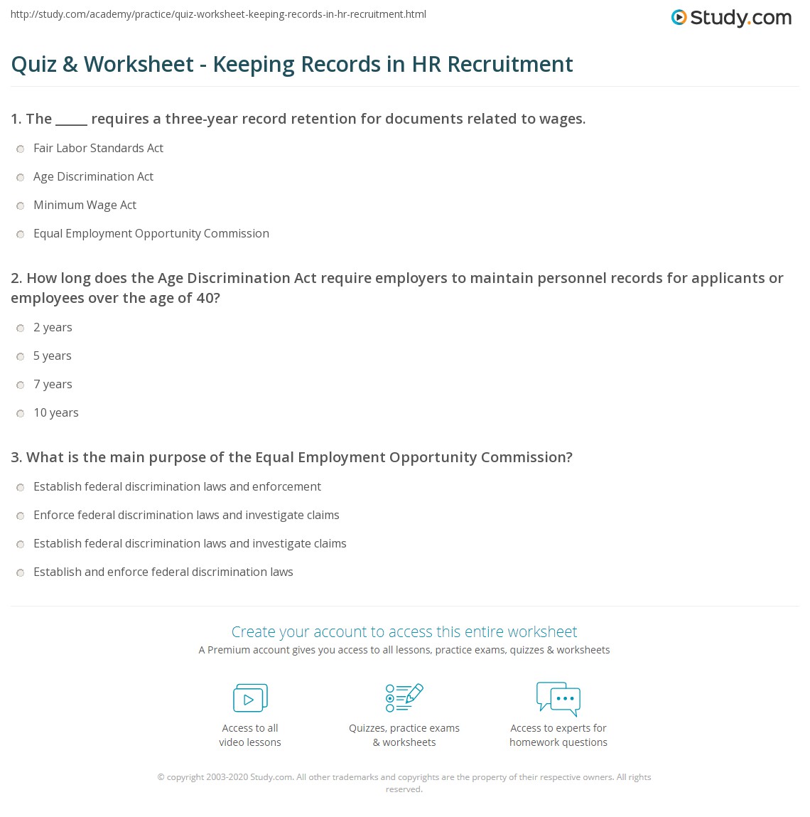 Quiz & Worksheet - Keeping Records in HR Recruitment | Study.com