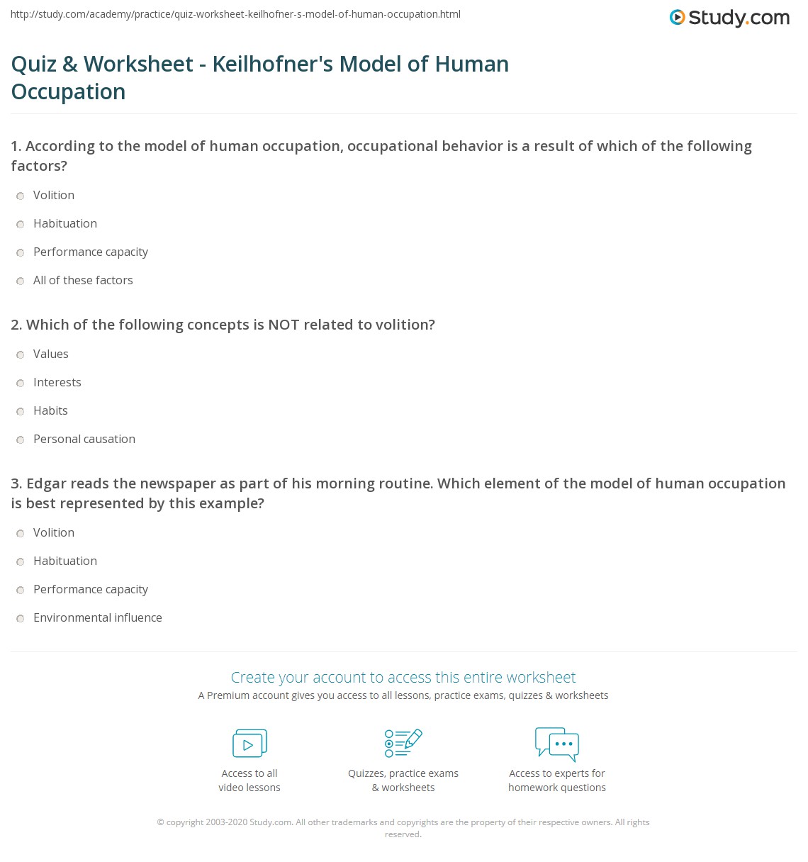 Quiz & Worksheet - Keilhofner's Model of Human Occupation | Study.com
