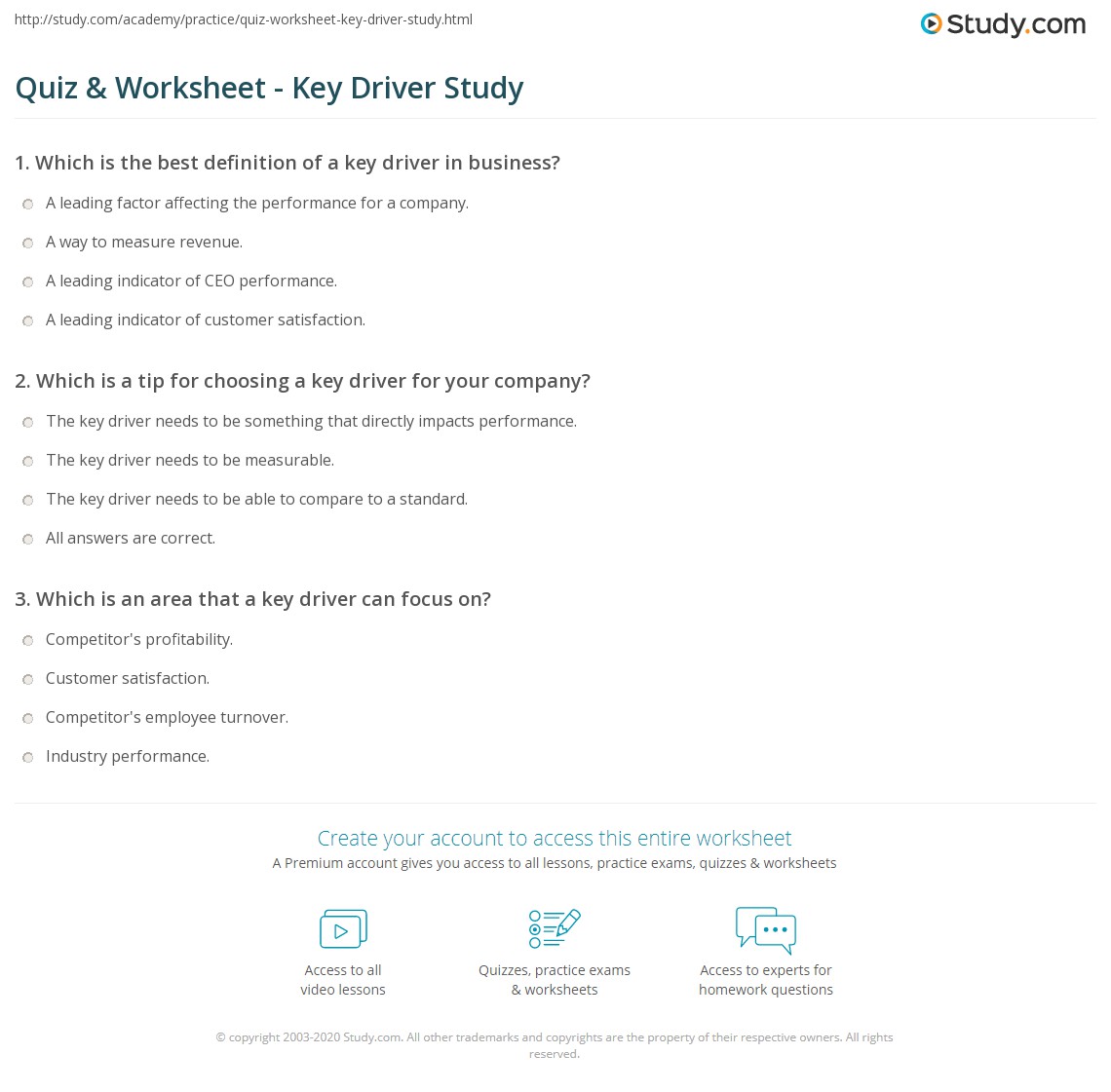 Quiz & Worksheet - Key Driver Study | Study.com