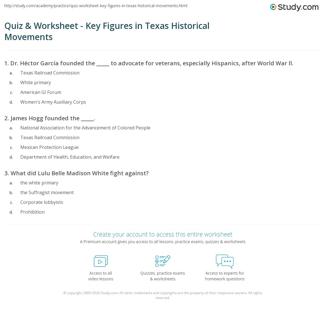 Quiz & Worksheet - Key Figures in Texas Historical Movements | Study.com