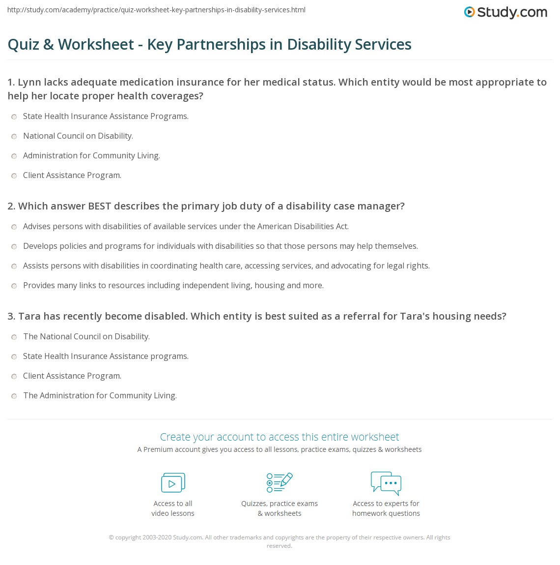 Quiz & Worksheet - Key Partnerships in Disability Services | Study.com