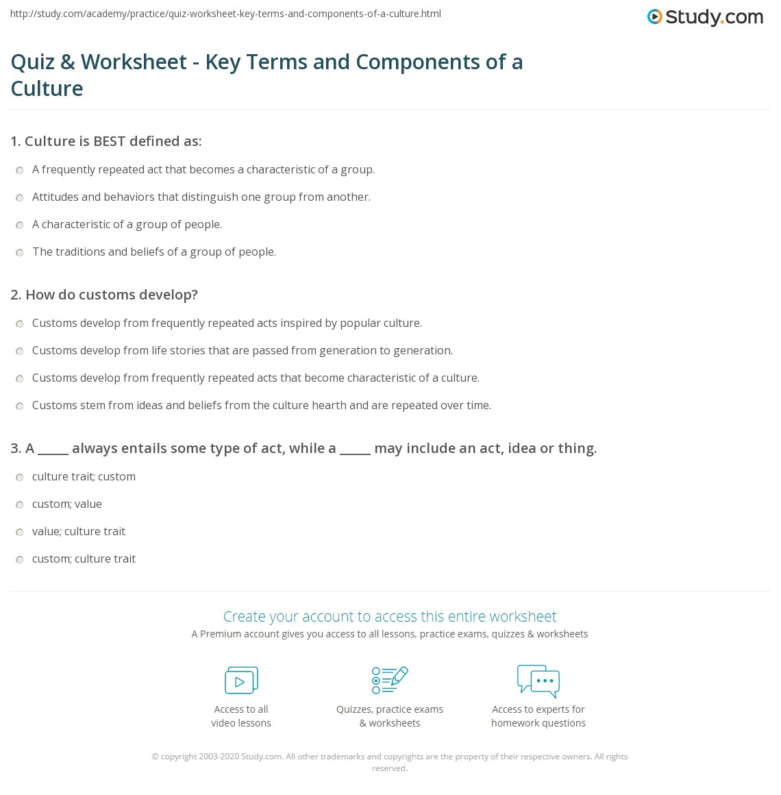 Quiz & Worksheet - Key Terms and Components of a Culture | Study.com
