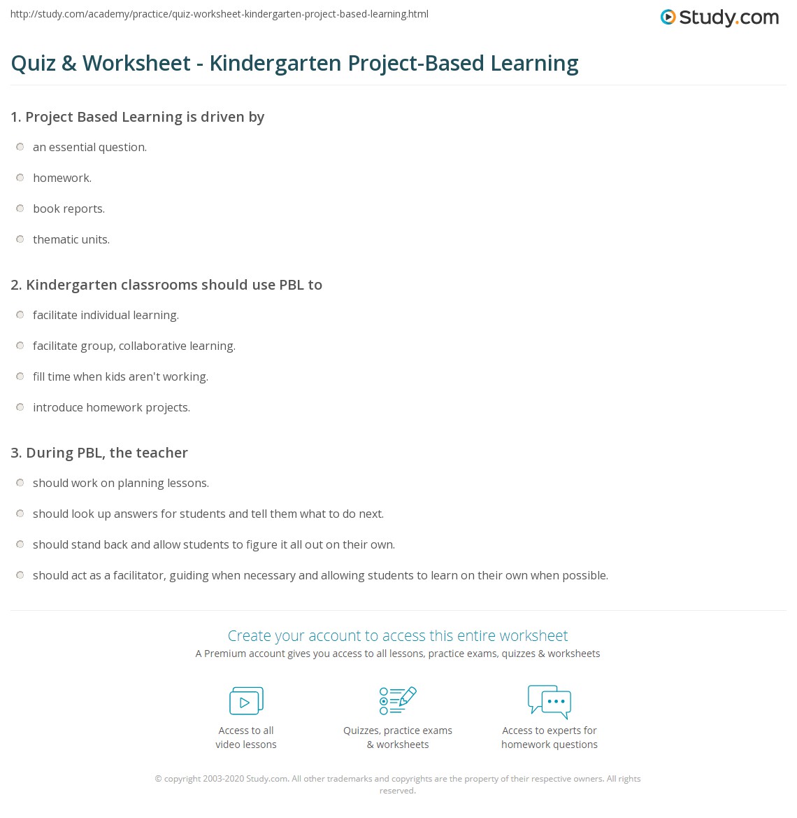 Quiz & Worksheet - Kindergarten Project-Based Learning | Study.com