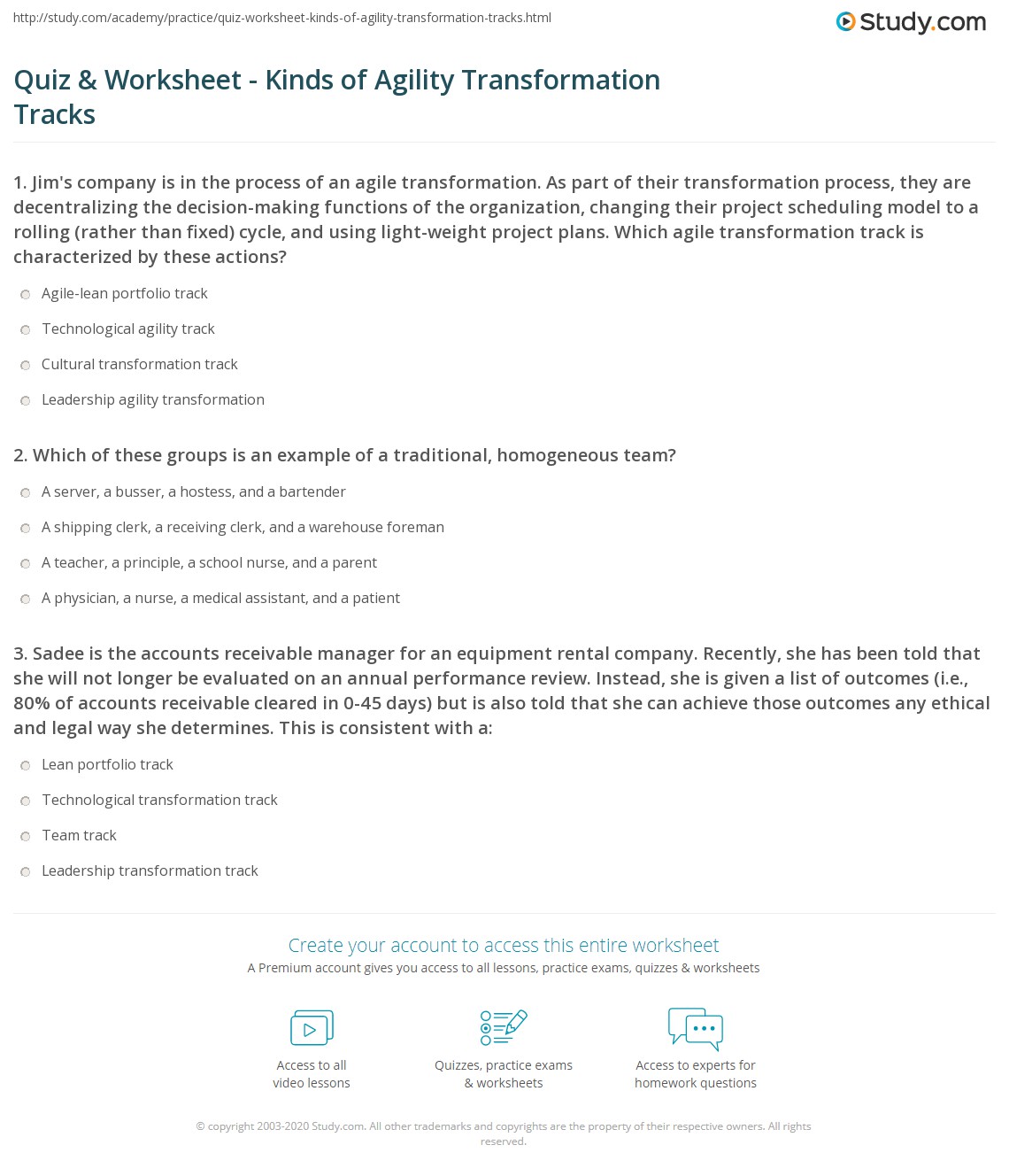 Quiz & Worksheet - Kinds of Agility Transformation Tracks | Study.com