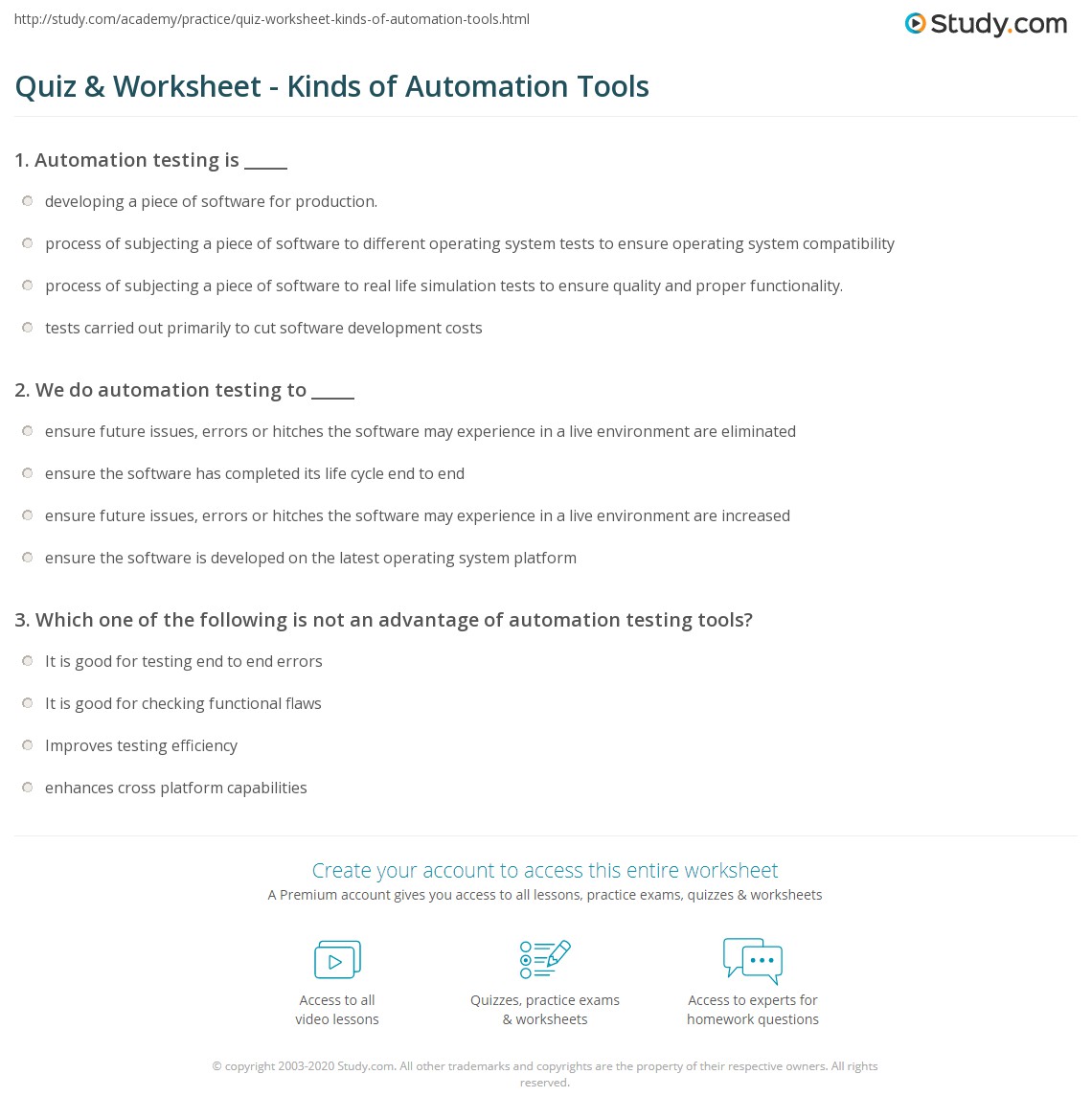 Quiz & Worksheet - Kinds of Automation Tools | Study.com