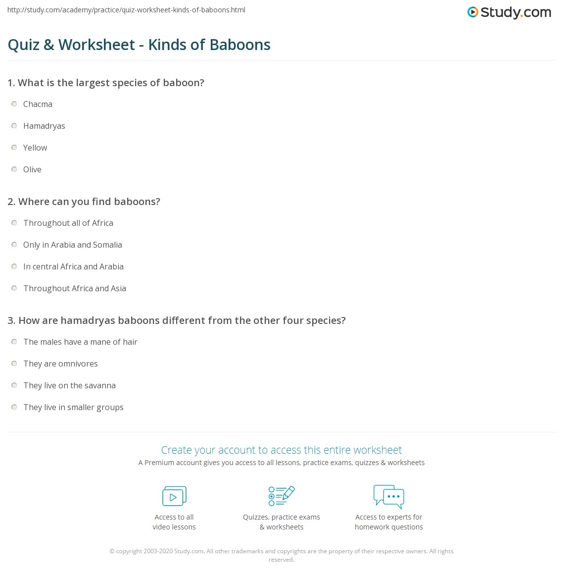 Quiz & Worksheet - Kinds of Baboons | Study.com