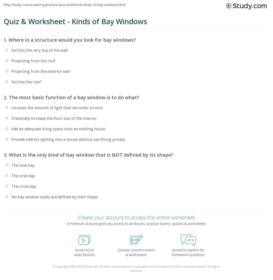 Quiz & Worksheet - Kinds of Bay Windows | Study.com