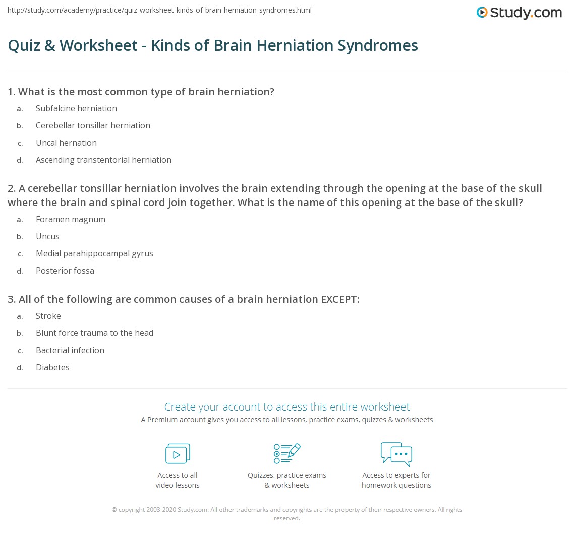 Quiz & Worksheet - Kinds of Brain Herniation Syndromes | Study.com