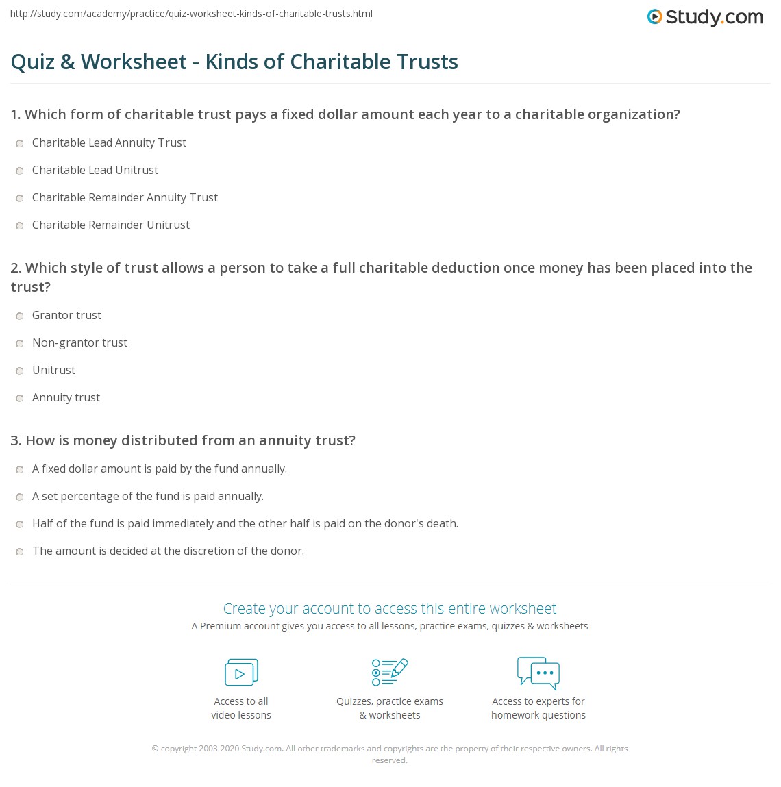 Quiz & Worksheet - Kinds of Charitable Trusts | Study.com