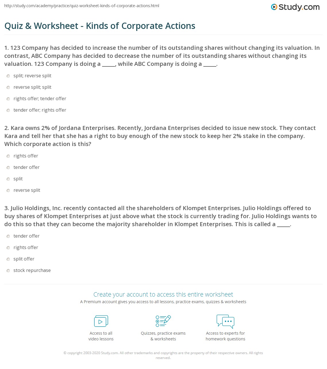 Quiz & Worksheet - Kinds of Corporate Actions | Study.com