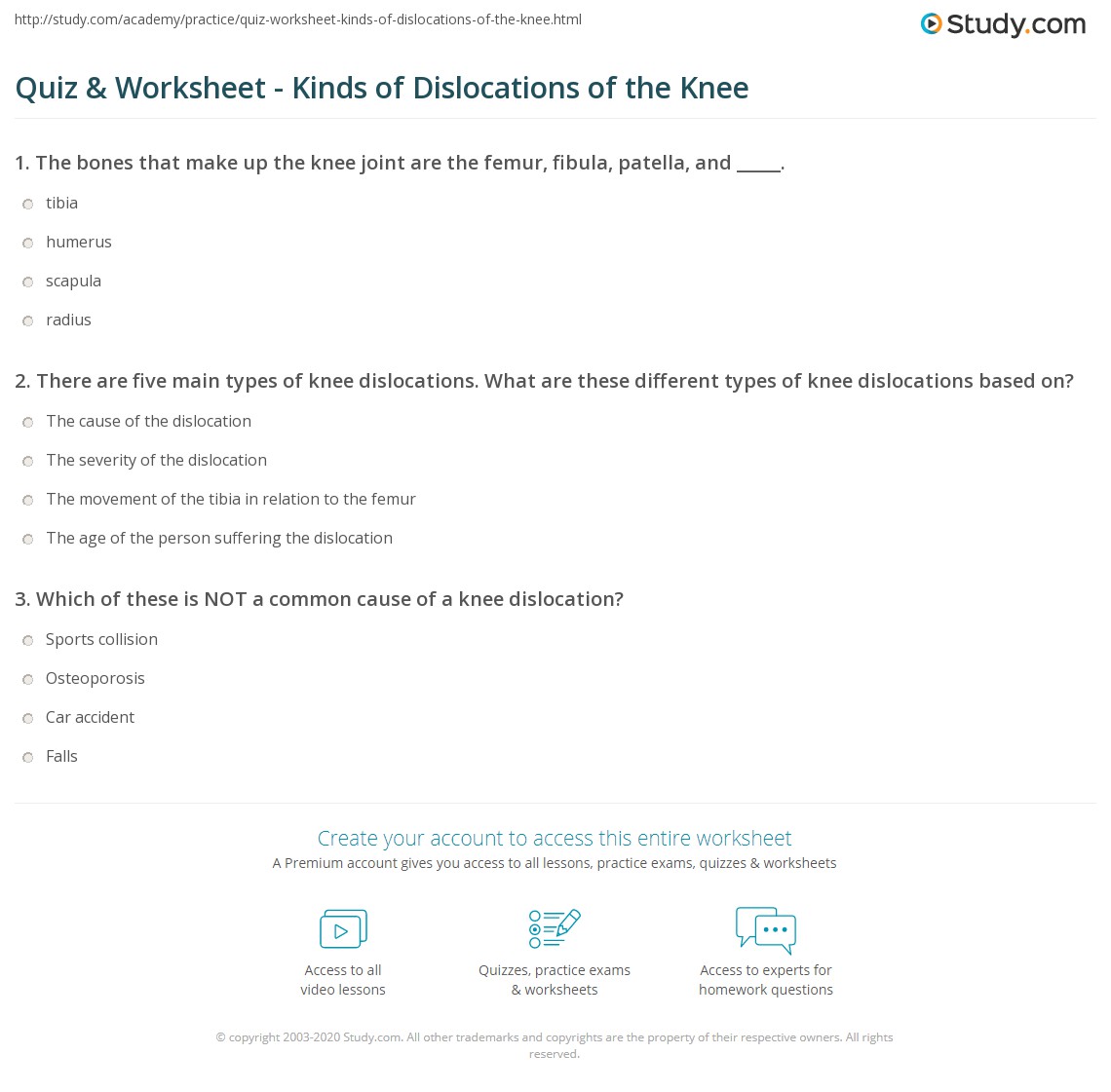 Quiz & Worksheet - Kinds of Dislocations of the Knee | Study.com
