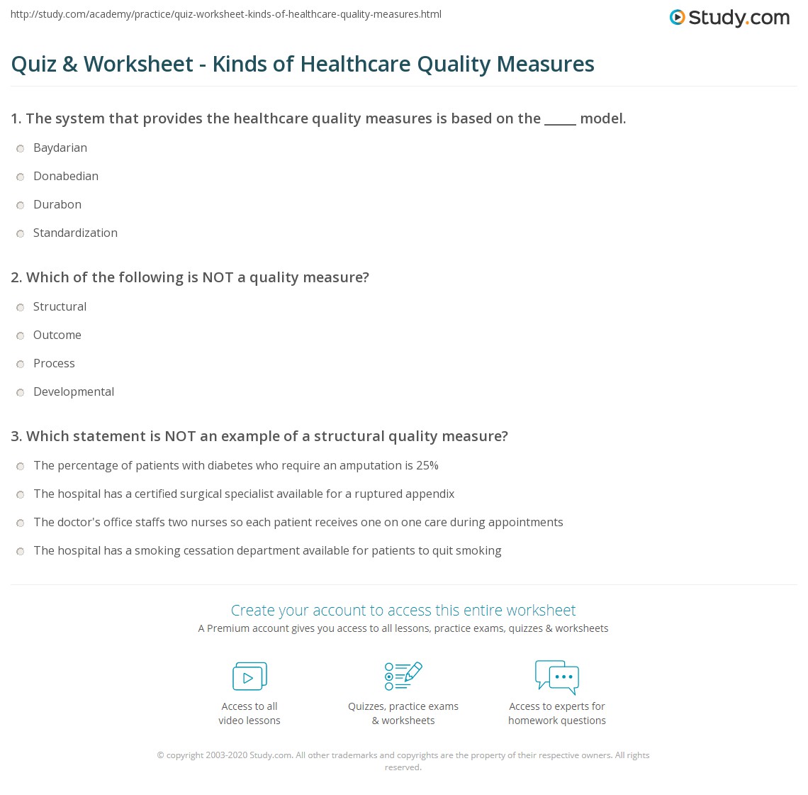 Quiz & Worksheet - Kinds of Healthcare Quality Measures | Study.com