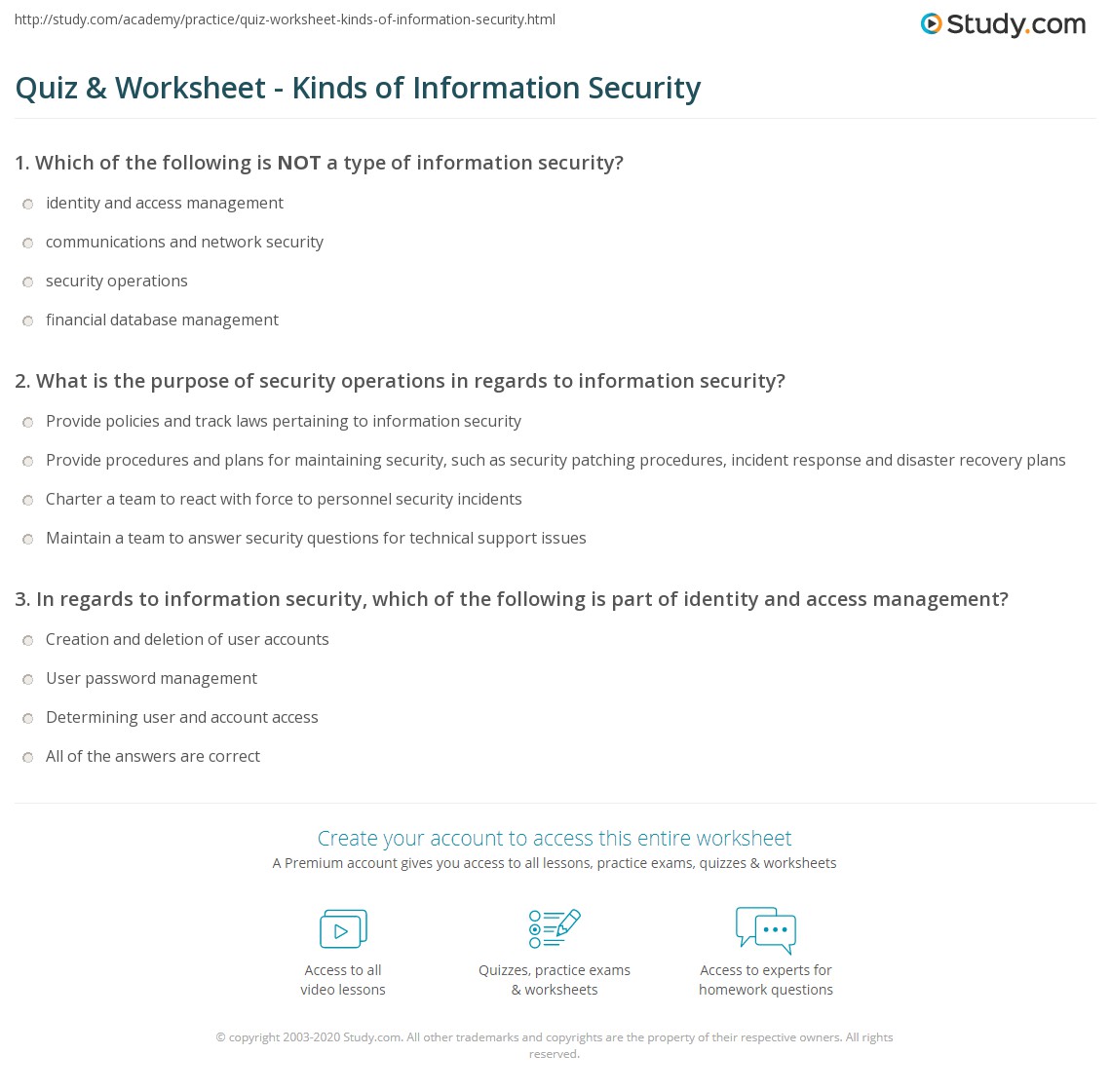 Quiz & Worksheet - Kinds of Information Security | Study.com