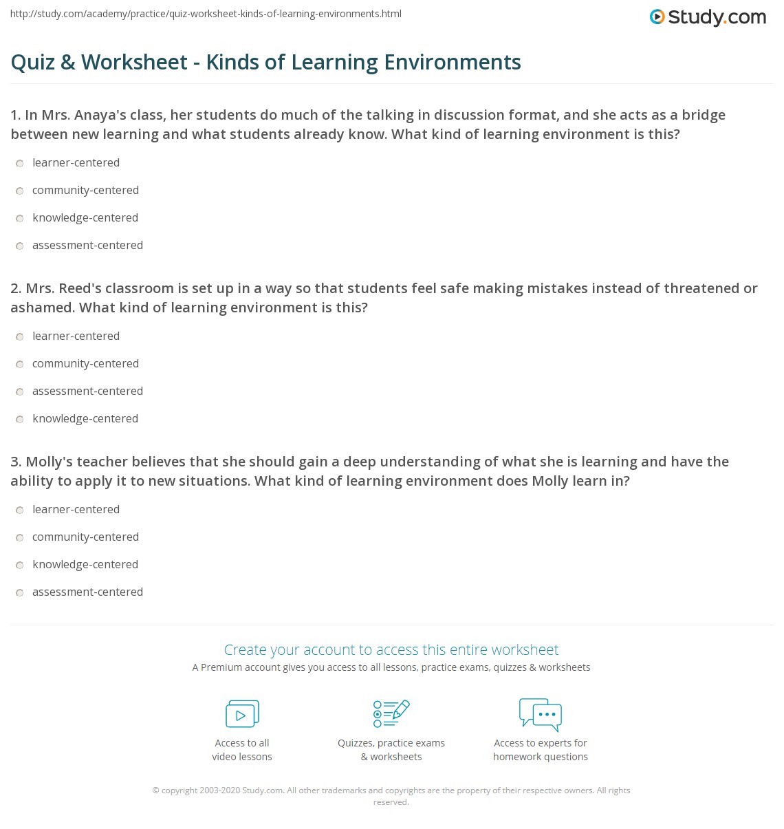Quiz & Worksheet - Kinds of Learning Environments | Study.com