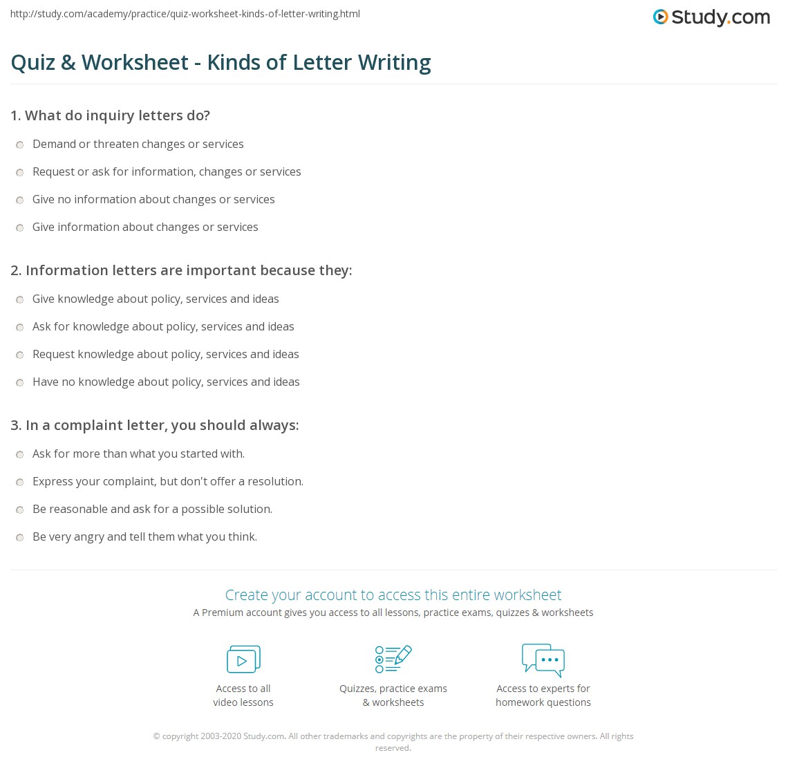 Quiz Worksheet Kinds Of Letter Writing Study Quiz Worksheet Kinds Of Letter Writing Study