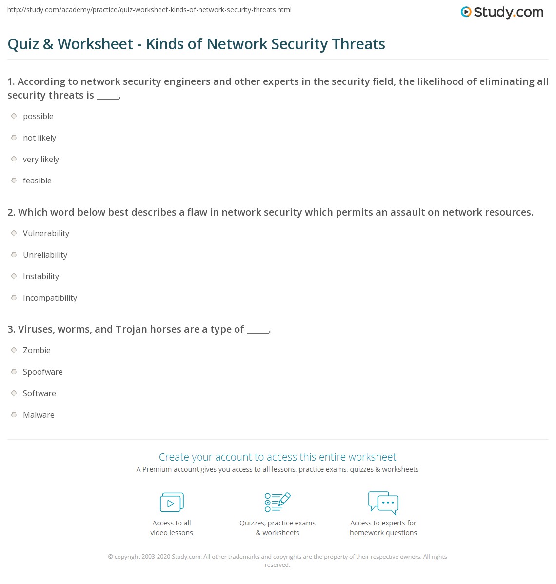 Quiz & Worksheet - Kinds of Network Security Threats | Study.com