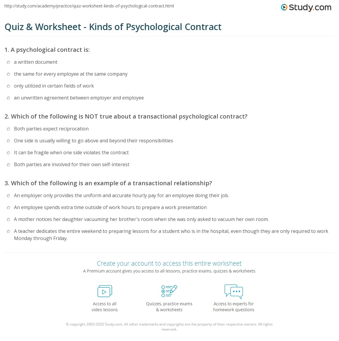 Quiz & Worksheet - Kinds of Psychological Contract | Study.com